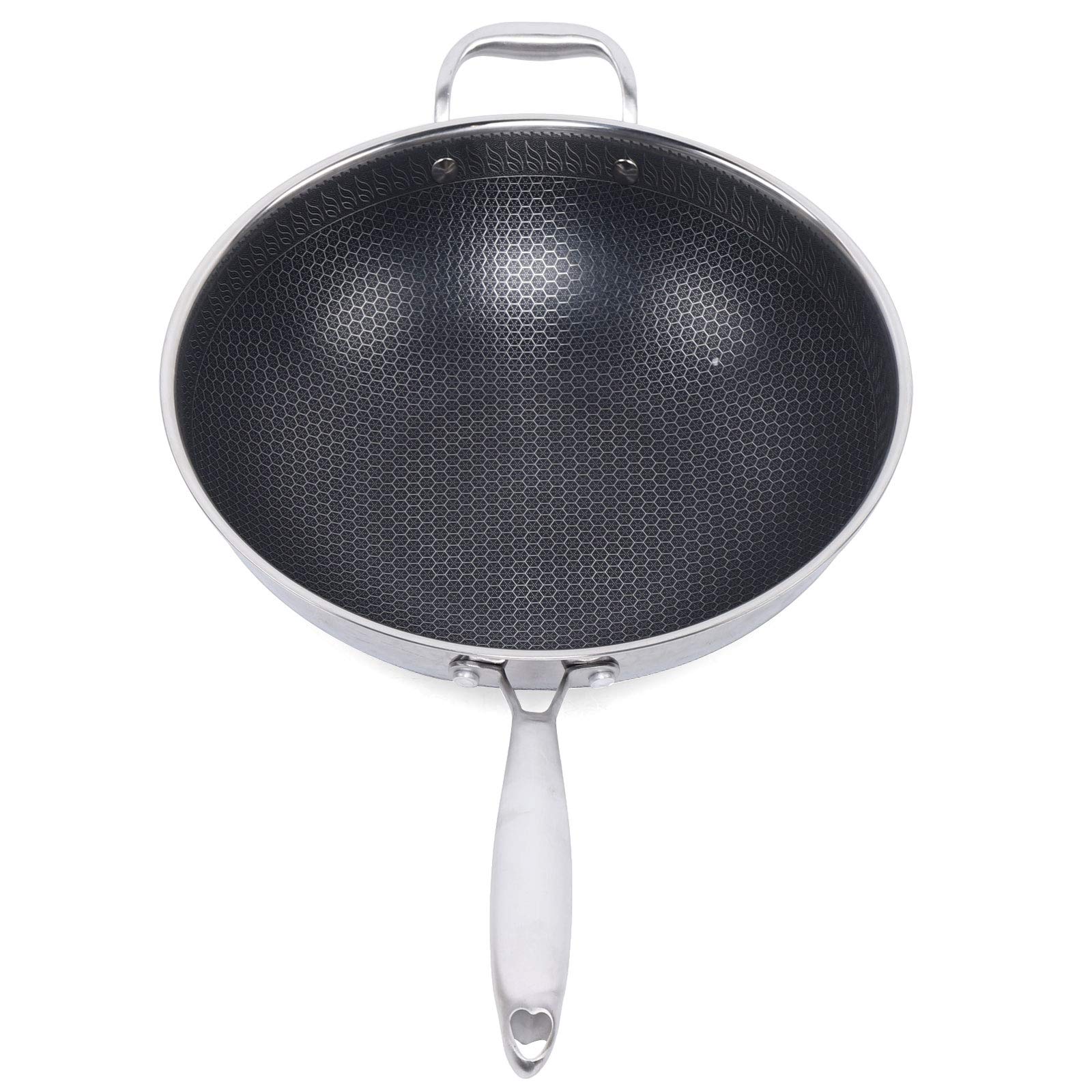 CNCEST 13.4 Inch Double Sided Screen Honeycomb Wok Non Stick Stainless Steel Kitchen Stir Frying Pan with Lid