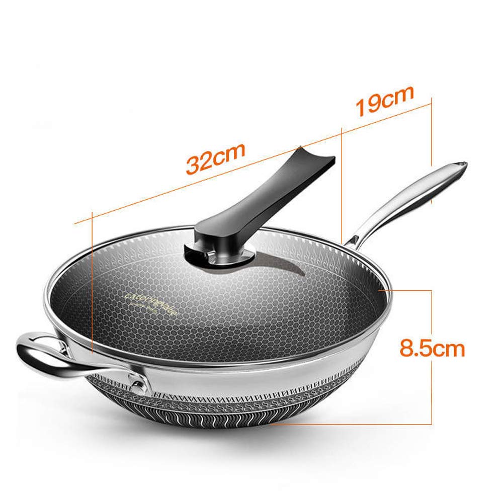 CNCEST 13.4 Inch Double Sided Screen Honeycomb Wok Non Stick Stainless Steel Kitchen Stir Frying Pan with Lid