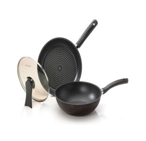 happycall 5 layer diamond nonstick pan and wok 3-piece set, 11inch, pfoa-free, cookware set, dark brown