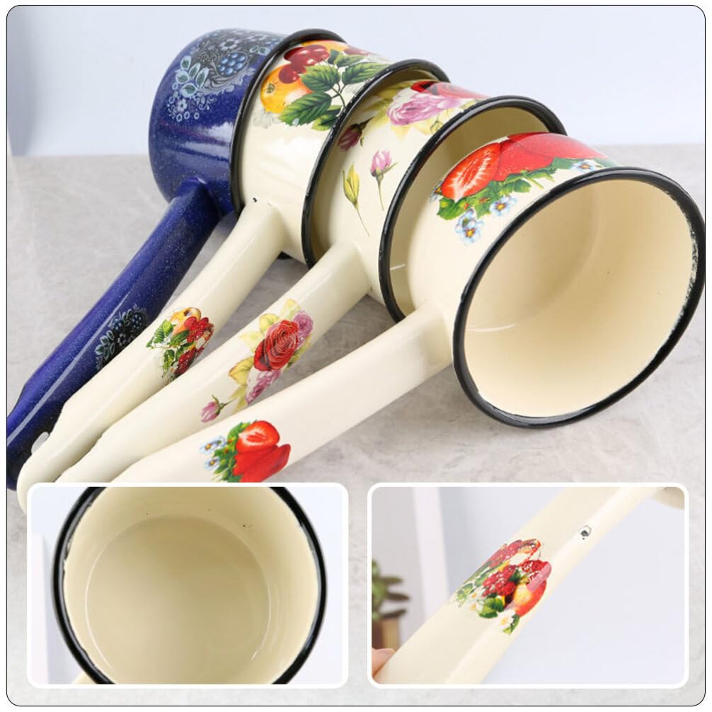 DOITOOL Enamel Milk Pan Vintage Chinese Mini Butter Warmer Nonstick Saucepan Pan with Pour Spout Melting Pot Enamelware for Induction Electric Gas Stoves Long Handle Water Ladle