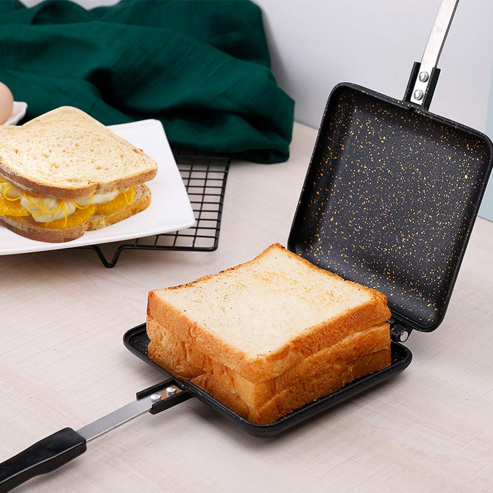 Double-sided Frying Pan, Non-stick Foldable Grill Frying Pan Aluminum Alloy Flip Tray Barbecue Plate Sandwich Mold for Bread Toast Breakfast Machine Waffle Pancake