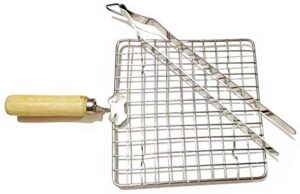 tuelip stainless steel wire roaster & tong, papad jali, wooden handle roasting pan