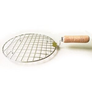 WhopperOnline Round Roasting Net with Tong, Stainless Steel Wire Roaster with Wooden Handle, Roaster net with Chimta, Roti Jari, Roti Grill, Papad Grill, Chapati Grill