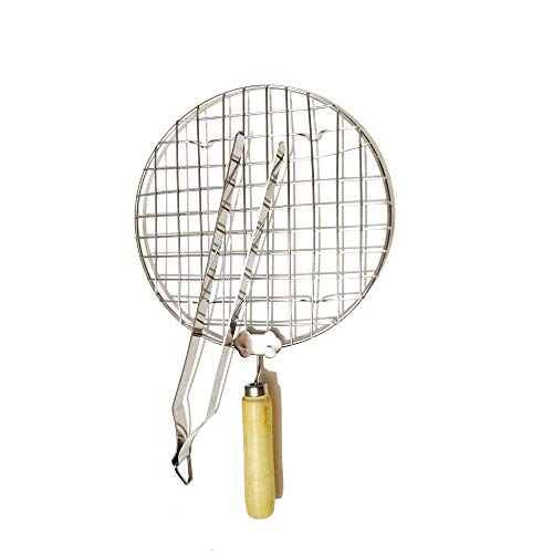 WhopperOnline Round Roasting Net with Tong, Stainless Steel Wire Roaster with Wooden Handle, Roaster net with Chimta, Roti Jari, Roti Grill, Papad Grill, Chapati Grill