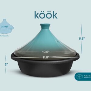 Kook Moroccan Tagine, Enameled Cast Iron Cooking Pot, Tajine with Ceramic Cone-Shaped Closed Lid, 3.3 QT (Stone Blue)