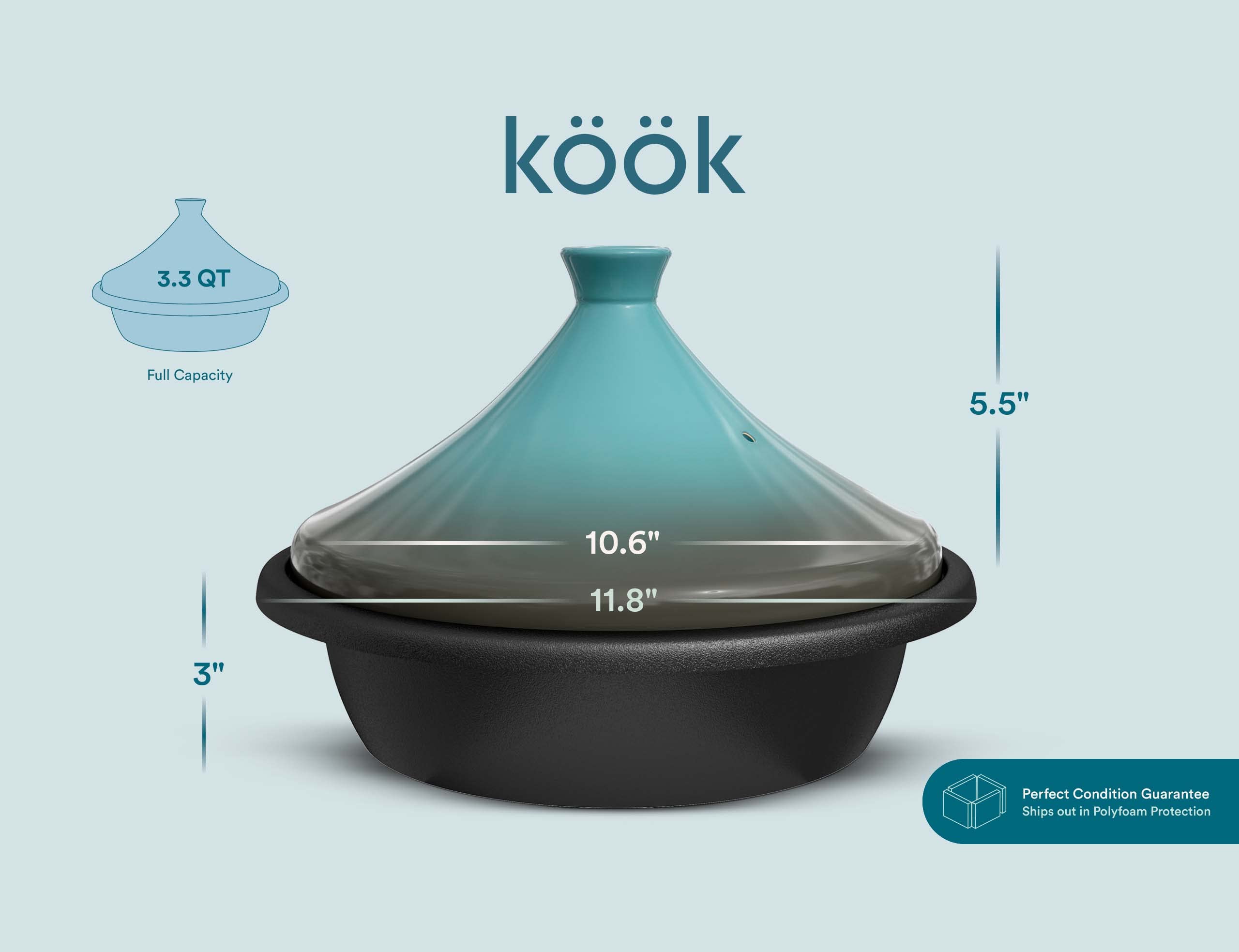 Kook Moroccan Tagine, Enameled Cast Iron Cooking Pot, Tajine with Ceramic Cone-Shaped Closed Lid, 3.3 QT (Stone Blue)