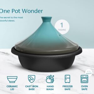 Kook Moroccan Tagine, Enameled Cast Iron Cooking Pot, Tajine with Ceramic Cone-Shaped Closed Lid, 3.3 QT (Stone Blue)