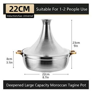 Moroccan Tagine Pot, 22cm Stainless Steel Tajine Stew Casserole Slow Cooker Tagine Cooking Cookware with Cone-Shaped Closed Lid for 1-2 People,Silver