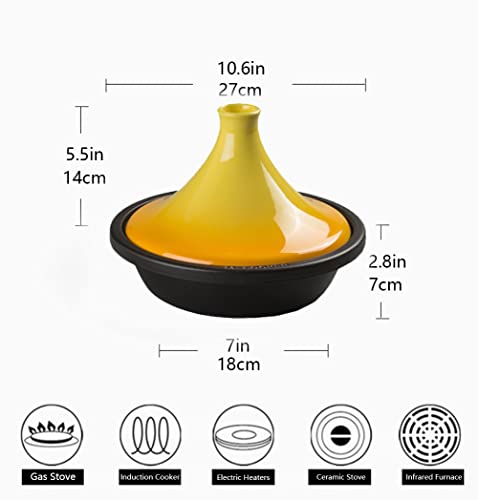 Enameled Cast Iron Tagine Pot Moroccan Cooking Pot Tajine Cookware with Cone-Shaped Closed Lid And Base for Stew Casserole Slow Cooker (Lemon Yellow)