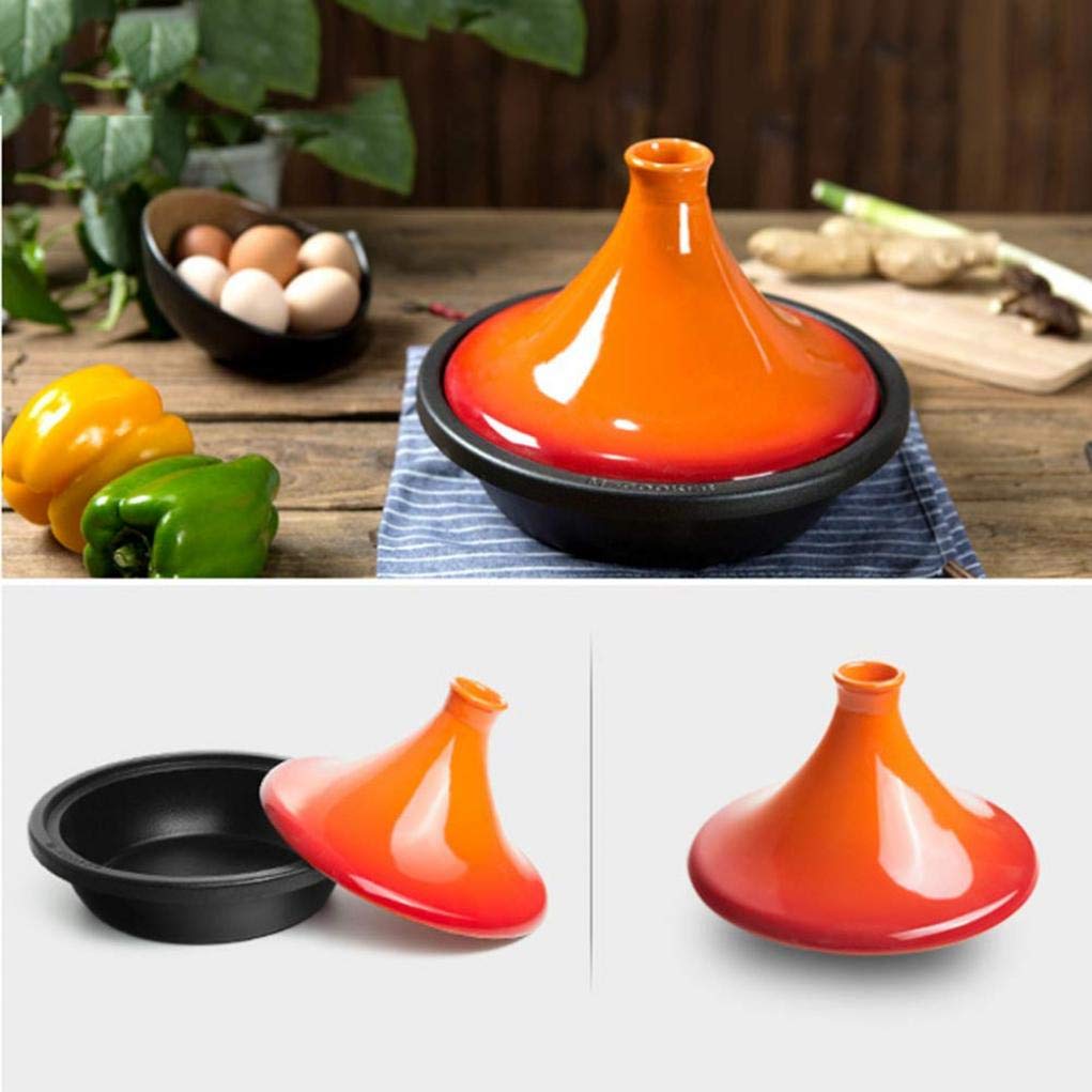 MYYINGBIN 1.7Liter Tagine Pot with Enameled Cast Iron Base and Cone-Shaped Lid Anti-Hot Silicone Gloves, Suitable for 1-4 People, Orange