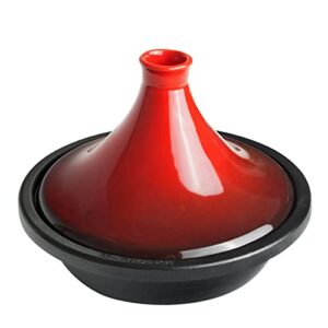 1.7l enameled cast iron tagine pot moroccan cooking pot, tajine cookware with cone-shaped closed lid for stew casserole slow cooker (red)