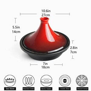 1.7L Enameled Cast Iron Tagine Pot Moroccan Cooking Pot, Tajine Cookware with Cone-Shaped Closed Lid for Stew Casserole Slow Cooker (Red)