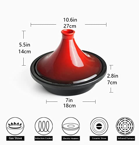 1.7L Enameled Cast Iron Tagine Pot Moroccan Cooking Pot, Tajine Cookware with Cone-Shaped Closed Lid for Stew Casserole Slow Cooker (Red)