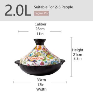 2L Ceramic Tagine Pot Moroccan Tajine Cooking Pot Cookware with Cone-Shaped Closed Lid for Stew Casserole Slow Cooker (Large, Hand Made)