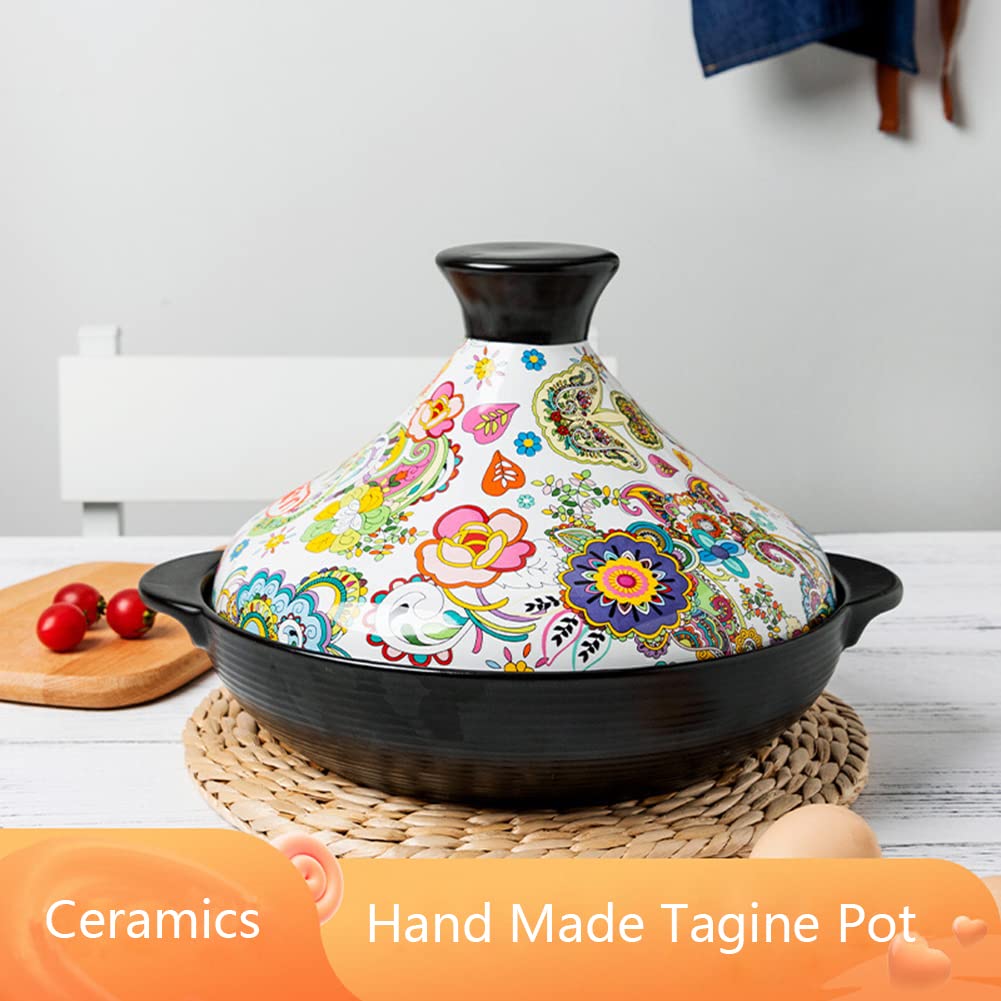 2L Ceramic Tagine Pot Moroccan Tajine Cooking Pot Cookware with Cone-Shaped Closed Lid for Stew Casserole Slow Cooker (Large, Hand Made)