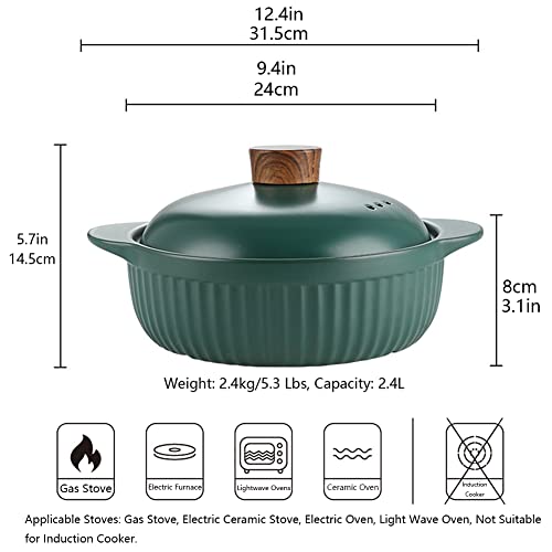 Green Moroccan Tagine, Hand Made Ceramics Tajine Cooking Pot with Cast Iron Base And Cone-Shaped Lid for Stew Casserole Slow Cooker(2.4L)