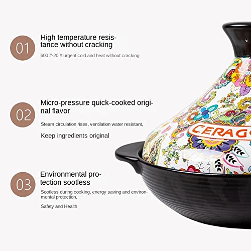 2L Tagine Pot, Hand Made and Hand Painted Moroccan Ceramic Pots, Tajine with Ceramic Cone-Shaped Closed Lid for Cooking and Stew Casserole Slow Cooker