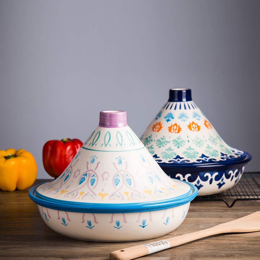 Casserole Dish with Lid Soup Pot 25Cm Tajine Cooking Pot, Hand Painted Tagine Pot Ceramic Tagine Pot Cooking Pot for Cooking and Stew Casserole Slow Cooker Lead Free,A