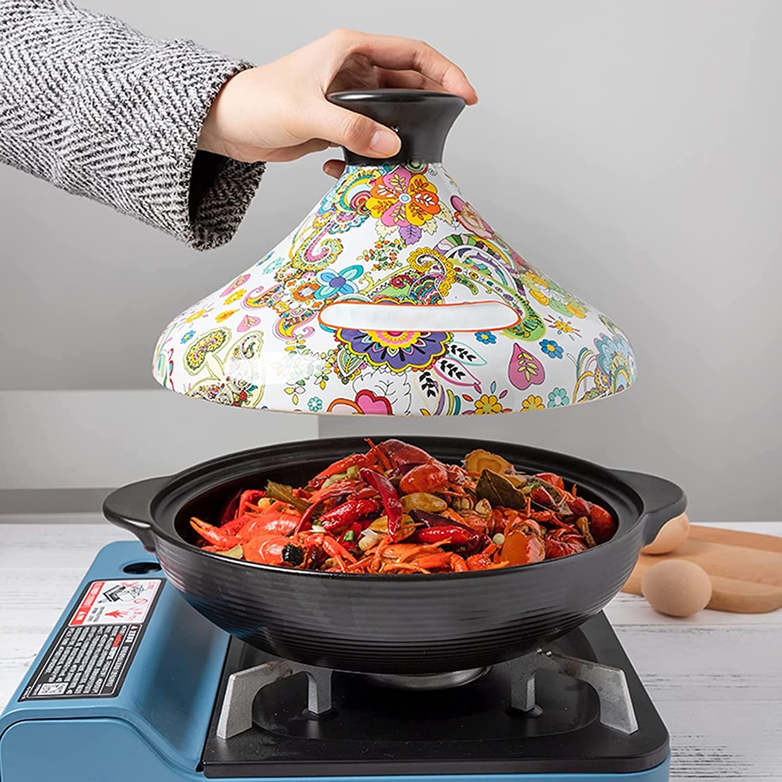 22cm Moroccan Tagine Pot, Not-Stick Ceramic Casserole with Lid, No Oily Smoke Cast Iron Soup Pot, for Cooking and Stew