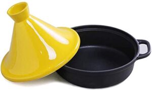 jinxiu casserole cast iron tagine pot 20cm, tajine cooking pot with enameled cast iron base and cone-shaped lid lead free stew casserole slow cooker,yellow