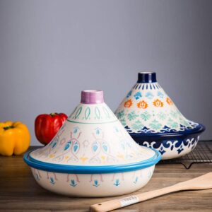 JINXIU Casserole 25Cm Tajine Cooking Pot, Hand Painted Tagine Pot Ceramic Tagine Pot Cooking Pot for Cooking and Stew Casserole Slow Cooker Lead Free,A