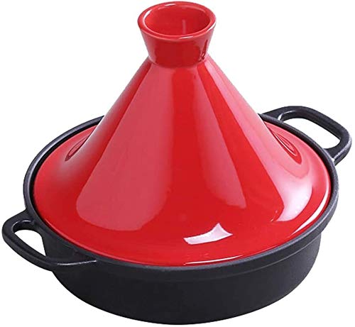 JINXIU Casserole Cast Iron Tagine Pot 20Cm, Tajine Cooking Pot with Enameled Cast Iron Base and Cone-Shaped Lid Lead Free Stew Casserole Slow Cooker,Red