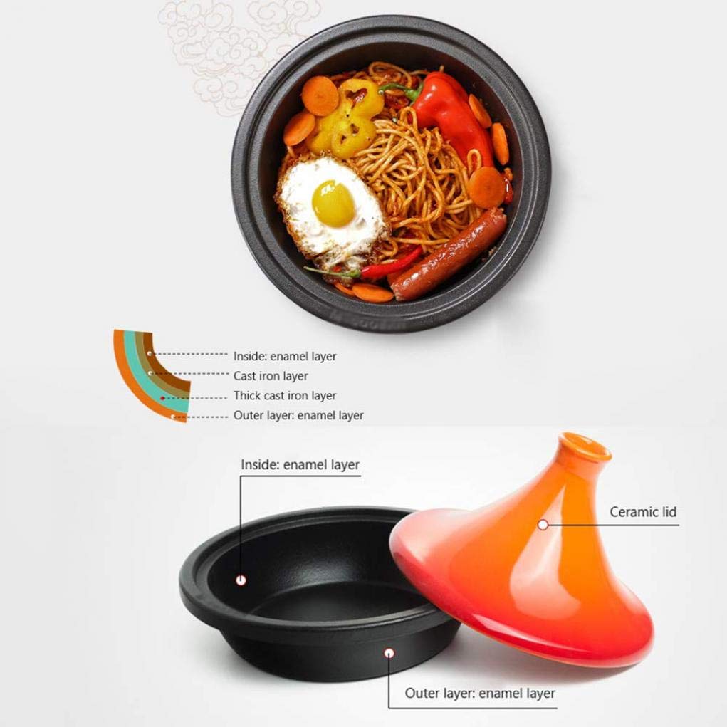 MYYINGBIN Tagine Enameled Cast Iron Pot with Ceramic Lid for Different Cooking Styles and Temperature Settings, Lead Free Slow Cooker, Orange