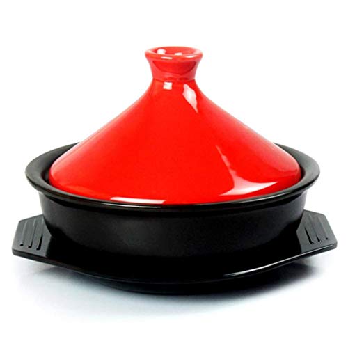 MYYINGBIN 23cm Ceramic Tagine Pot Stew Casserole Slow Cooker Lead Free with Wooden Shovel and Tray High Temperature Resistant, Red