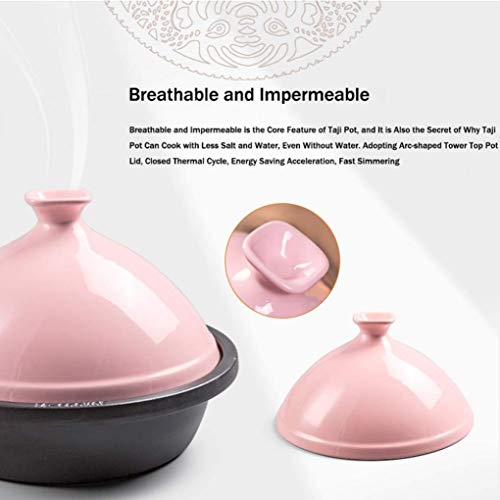 MYYINGBIN 1.5Liter Micro Pressure Cooker Tagine Pot with Cast Iron Base Tapered Lid Ceramic Casserole Suitable for 1-3 People, Pink