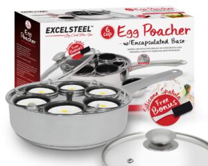 excelsteel non stick easy use rust resistant home kitchen breakfast brunch induction cooktop egg poacher, 6 cup, stainless steel, round