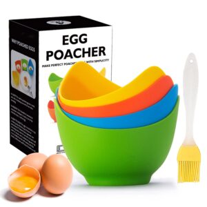 egg poacher - krgmnhr poached egg cooker with ring standers, silicone egg poacher cup for microwave or stovetop egg poaching, with extra oil brush, bpa free, 4 pack