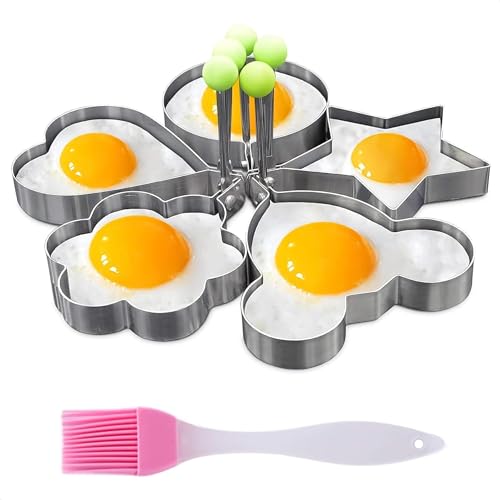 5Pcs Egg Rings for Frying Eggs - Pancake Mold Women's Day Breakfast Accessories Heart Ring Star Shaped Molds Mickey Mouse Mold Round Egg Mold - Stainless Steel Ring Molds for Cooking Egg Accessories