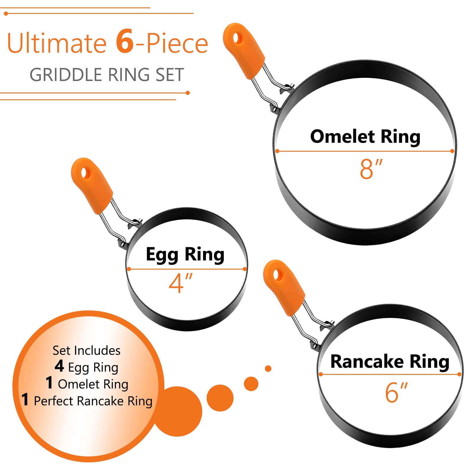 6 Pcs Professional Pancake Ring Set Stainless Steel Fried Egg Ring Griddle Pancake Shapers with Orange Silicone Handle for Breakfast Omelette Sandwich(4 Inch, 6 Inch, 8 Inch)