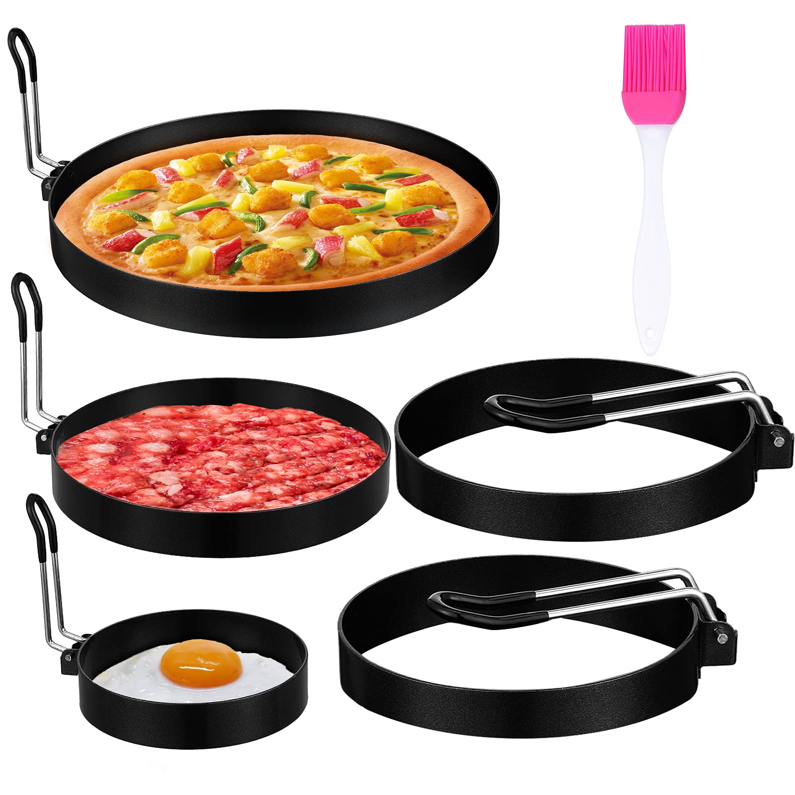 5 Pieces Stainless Steel Egg Rings with Silicone Oil Brush Cooking Egg Rings Pancake Non Stick Ring Mold for Breakfast Pancakes Fried Eggs Omelette Sandwich Burger(8 Inch, 6 Inch, 4 Inch, 3.5 Inch)