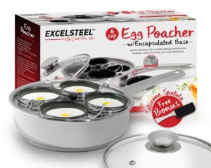 excelsteel non stick easy use rust resistant home kitchen breakfast brunch induction cooktop egg poacher, 4 cups, 18/10 stainless steel