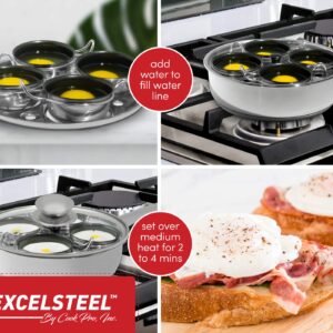 EXCELSTEEL Non Stick Easy Use Rust Resistant Home Kitchen Breakfast Brunch Induction Cooktop Egg Poacher, 4 Cups, 18/10 Stainless Steel