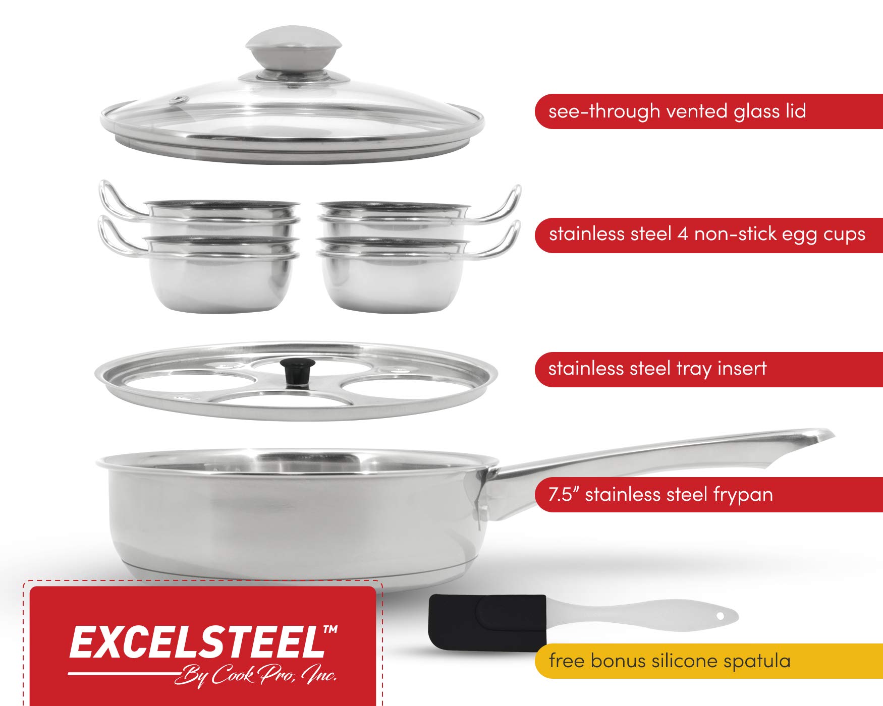 EXCELSTEEL Non Stick Easy Use Rust Resistant Home Kitchen Breakfast Brunch Induction Cooktop Egg Poacher, 4 Cups, 18/10 Stainless Steel