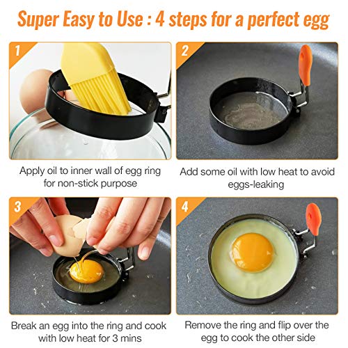 Egg Ring 4 Packs 2.95 Inch Egg Ring with Anti-scald Handle with Oil Brush Nonstick Coating Breakfast Tool for Egg Frying/Shaping