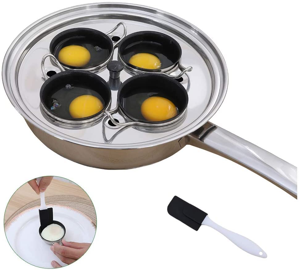 4 Cups Egg Poacher Pan - Stainless Steel Poached Egg Cooker – Induction Cooktop Egg Poachers Cookware Set with 4 Nonstick Large PFOA FREE Egg Poacher Cups and Silicone Spatula