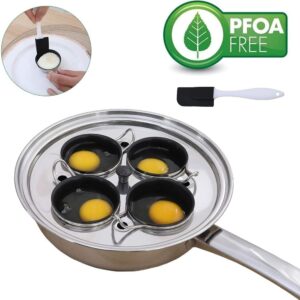 4 Cups Egg Poacher Pan - Stainless Steel Poached Egg Cooker – Induction Cooktop Egg Poachers Cookware Set with 4 Nonstick Large PFOA FREE Egg Poacher Cups and Silicone Spatula