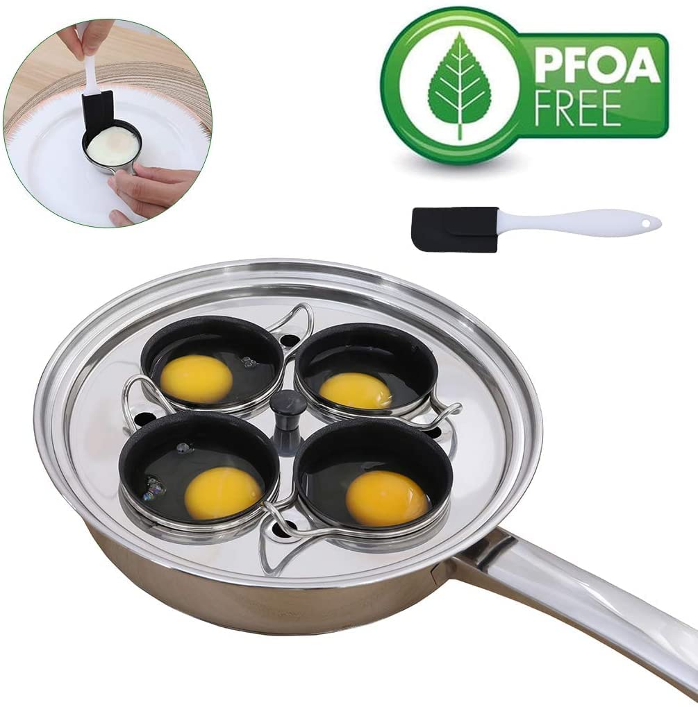 4 Cups Egg Poacher Pan - Stainless Steel Poached Egg Cooker – Induction Cooktop Egg Poachers Cookware Set with 4 Nonstick Large PFOA FREE Egg Poacher Cups and Silicone Spatula