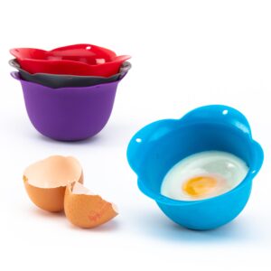 kitzini poached egg cup. egg coddler 4 set. bpa free. microwave egg poacher. nonstick egg pod perfect silicone egg poacher. easy to use & clean. no mess. 4 silicone egg molds. dishwasher safe