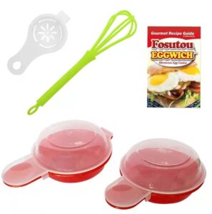 fosutou microwave egg cooking kit, with 4 kitchen tools (2 sets of egg cooker, 1 egg whisk, 1 egg separator) for fast eggwich, cook two eggs perfectly in one minute, with gourmet recipe included