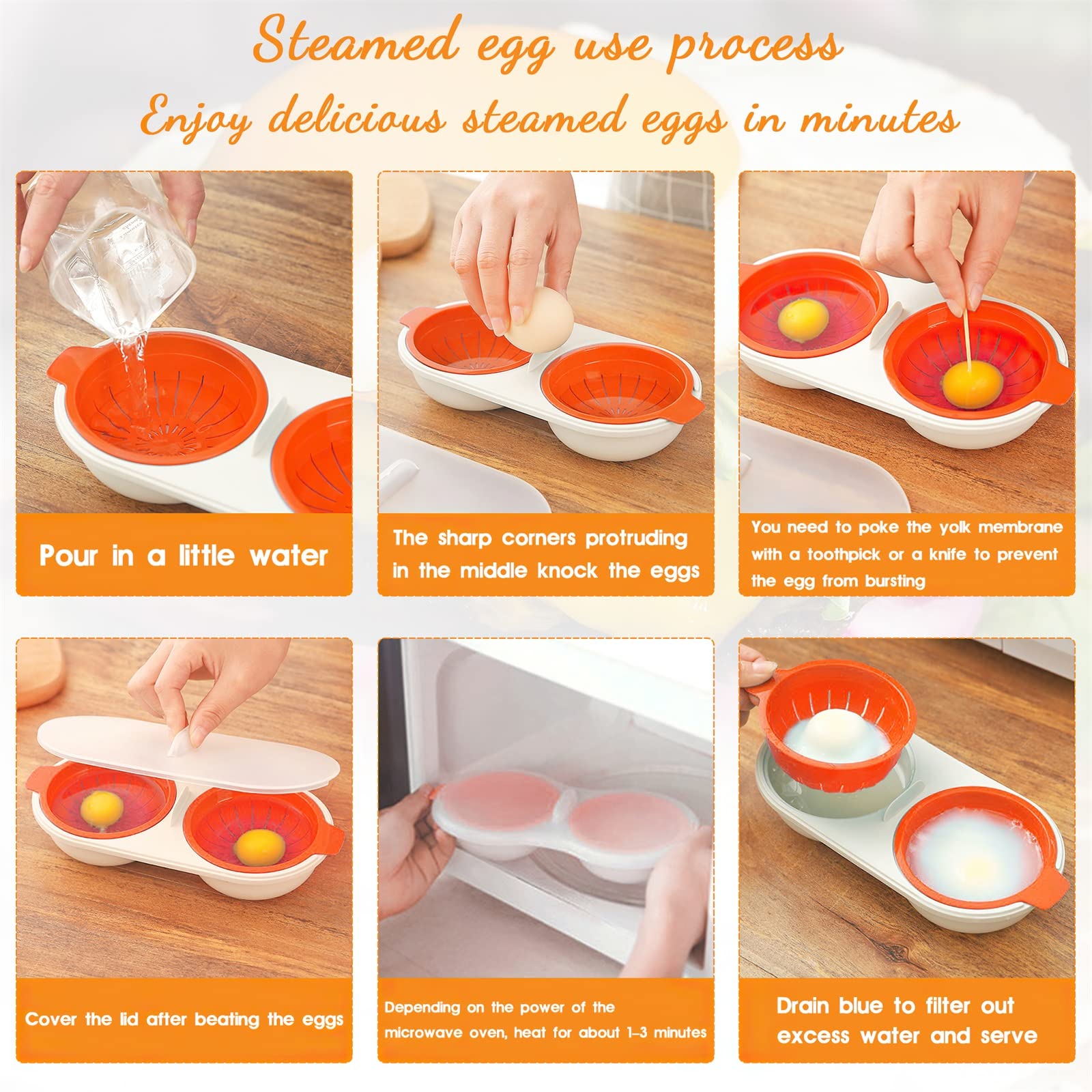 Microwave Egg Poacher, 2-Cup Eggs Microwave Egg Cooker Drain Egg Poacher Non Stick Egg Cooker for Microwave or Stovetop Egg Cooking, Orange