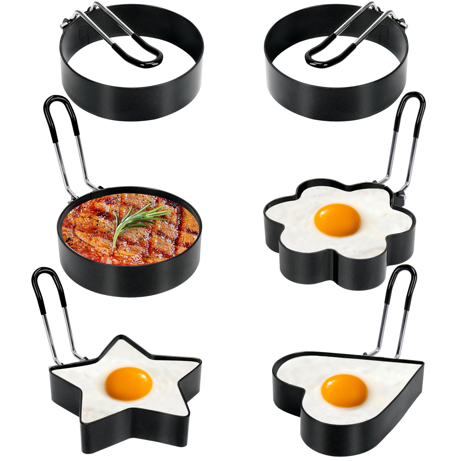 6 Pack Eggs Rings, Stainless Steel Egg Cooking Rings, Round Pancake Mold for Frying Eggs, Omelet and Muffins, Non-stick Fried Egg Mold Ring with Oil Brush and Slotted Spatula, 4 Shapes