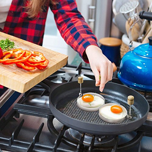 Egg Poacher Rings Stainless Steel Set of 2 - Make Cooking Perfect Pancakes Burgers Omelettes Benedict Eggs Fried Like a Master Chef with The Surgical Steel Egg Cooker Round Molds by Perfect Life Ideas