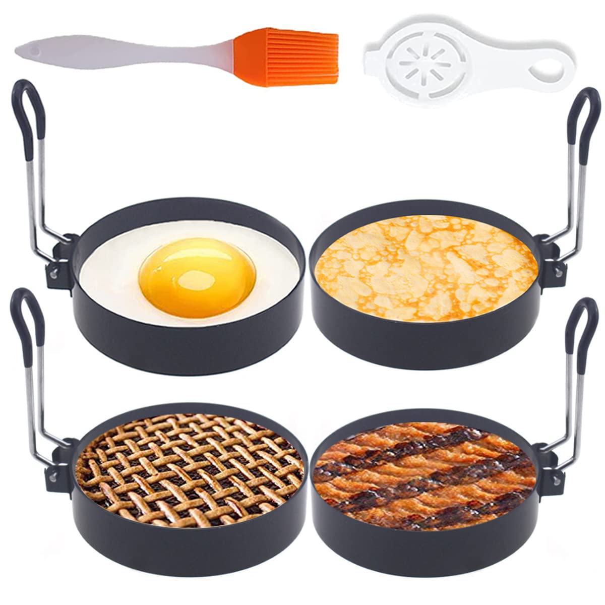 Upgrade 4" Large Egg Rings Set for Griddle,4 Packs Non-stick Stainless Steel Round Egg Maker Mold Egg Shaper Circle Pancake Ring Omelete Rings Anti-scalding Grill with 1X Oil Brush &1X Egg Separator