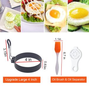 Upgrade 4" Large Egg Rings Set for Griddle,4 Packs Non-stick Stainless Steel Round Egg Maker Mold Egg Shaper Circle Pancake Ring Omelete Rings Anti-scalding Grill with 1X Oil Brush &1X Egg Separator