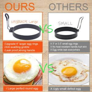 Upgrade 4" Large Egg Rings Set for Griddle,4 Packs Non-stick Stainless Steel Round Egg Maker Mold Egg Shaper Circle Pancake Ring Omelete Rings Anti-scalding Grill with 1X Oil Brush &1X Egg Separator