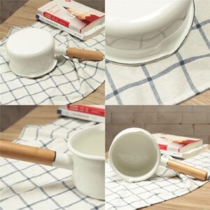 YumCute Home Enamel Milk Pan with Dual Pour Spout Butter Warmer Milk Pot for Stove Top Healthy White Enameled Inside Coating Iron 1QT Small Soup Pot with Wooden Handle Handy Pot (White)